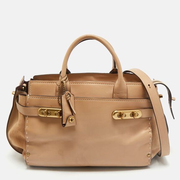 Coach | Bags | Coach Tan Leather And Suede Double Swagger Tote | Poshmark